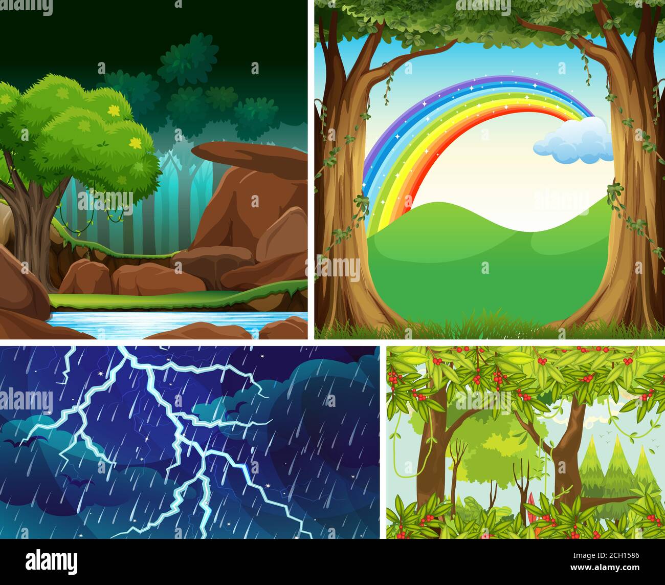 Four different nature disasters scene of forest cartoon style ...