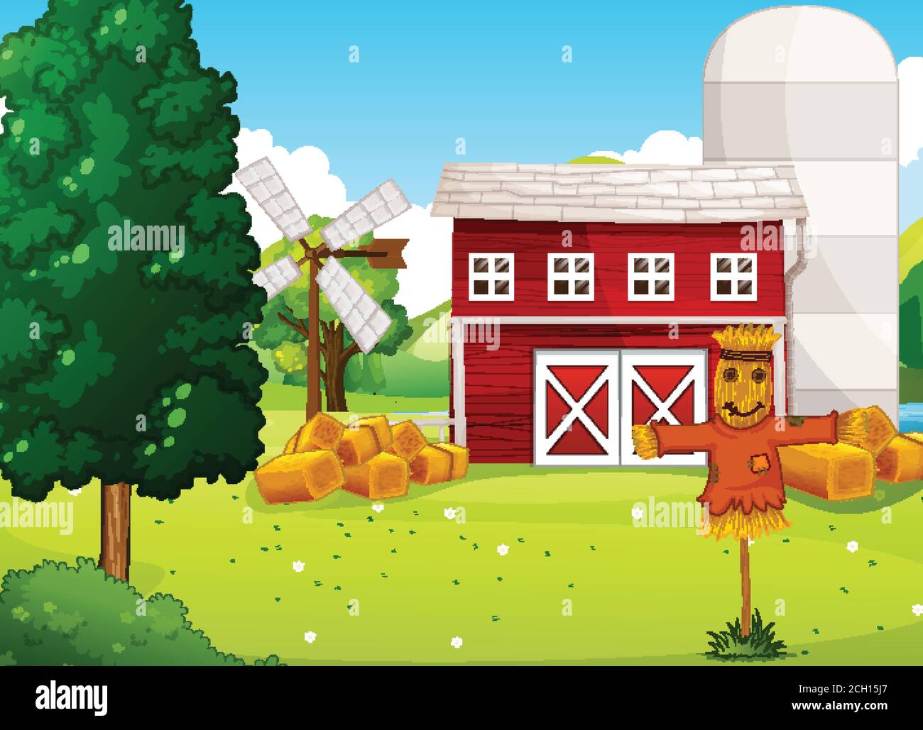Farm scene in nature with farm factory and scarecrow illustration Stock ...