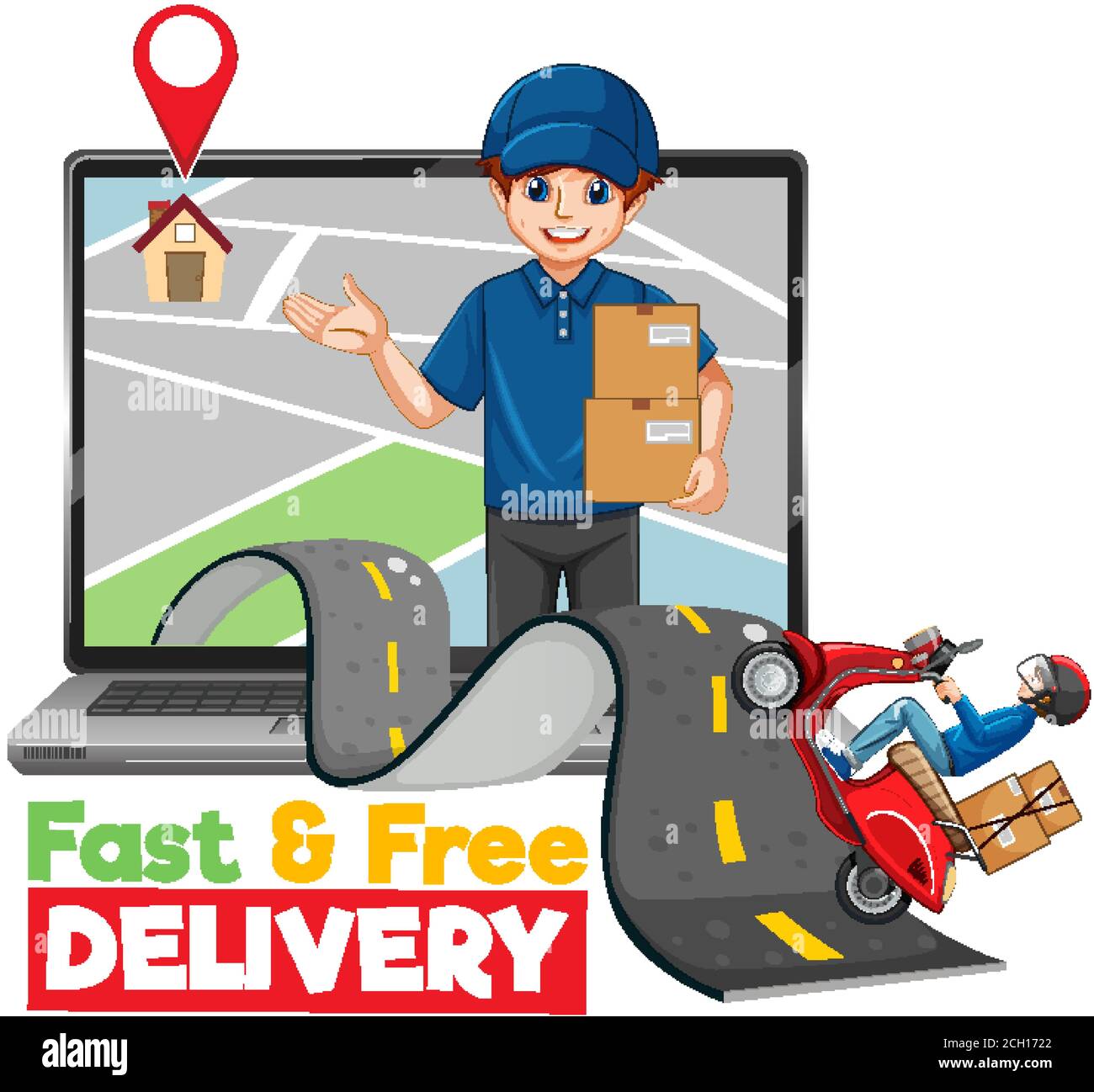 Fast and free delivery logo with bike man and courier illustration ...