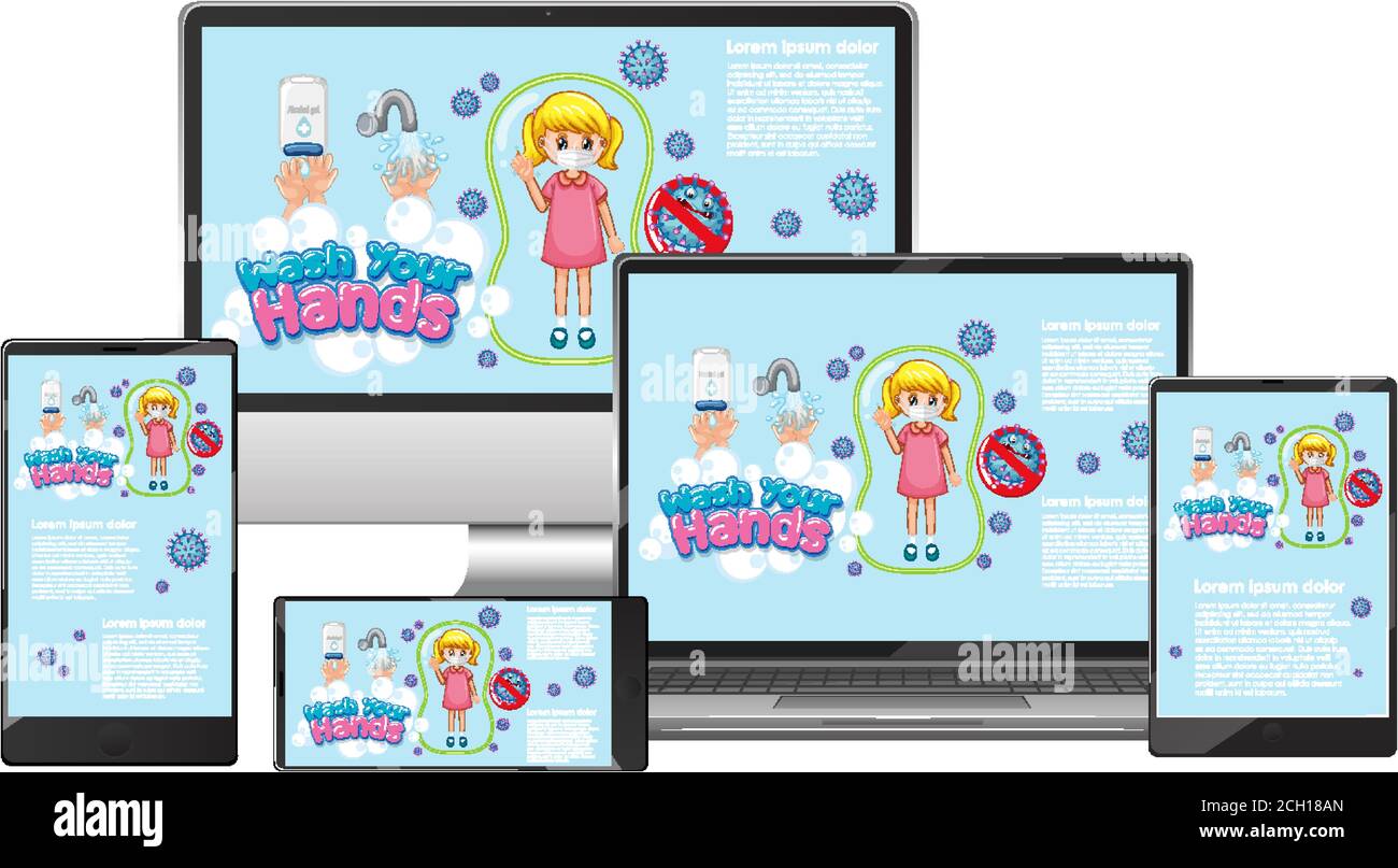 Set of electronic devices with hand wash on screen illustration Stock ...