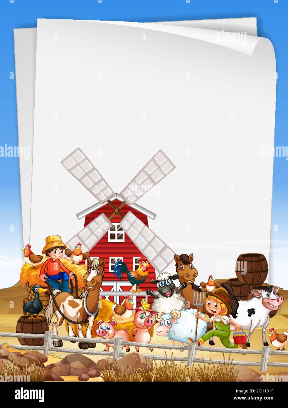 Blank paper in organic farm with animal farm set illustration Stock ...