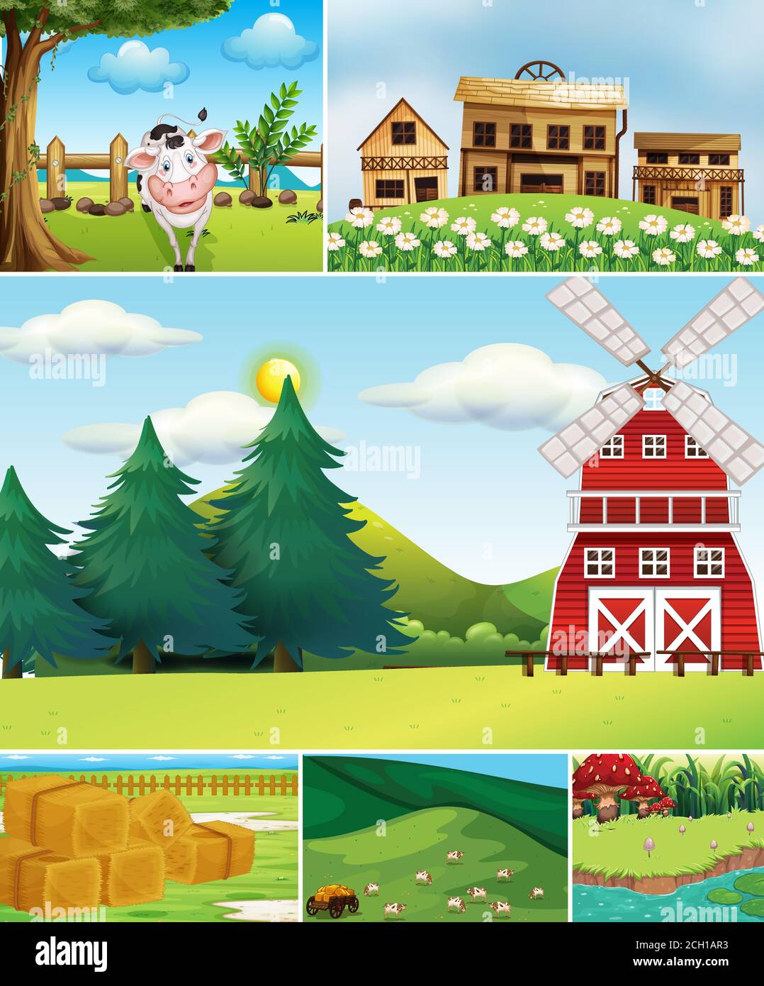 Set of different farm scenes cartoon style illustration Stock Vector ...
