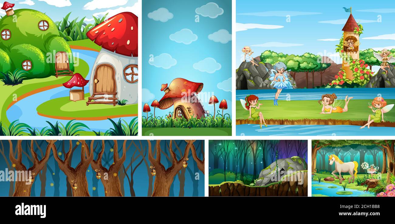 Six different scene of fantasy world with fantasy places and fantasy ...