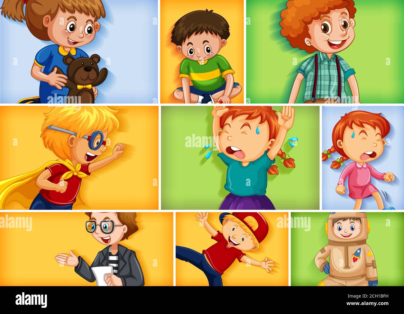 Set of different kid characters on different color background ...
