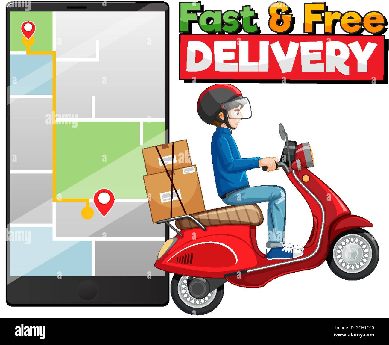 Fast and free delivery logo with bike man or courier illustration Stock ...