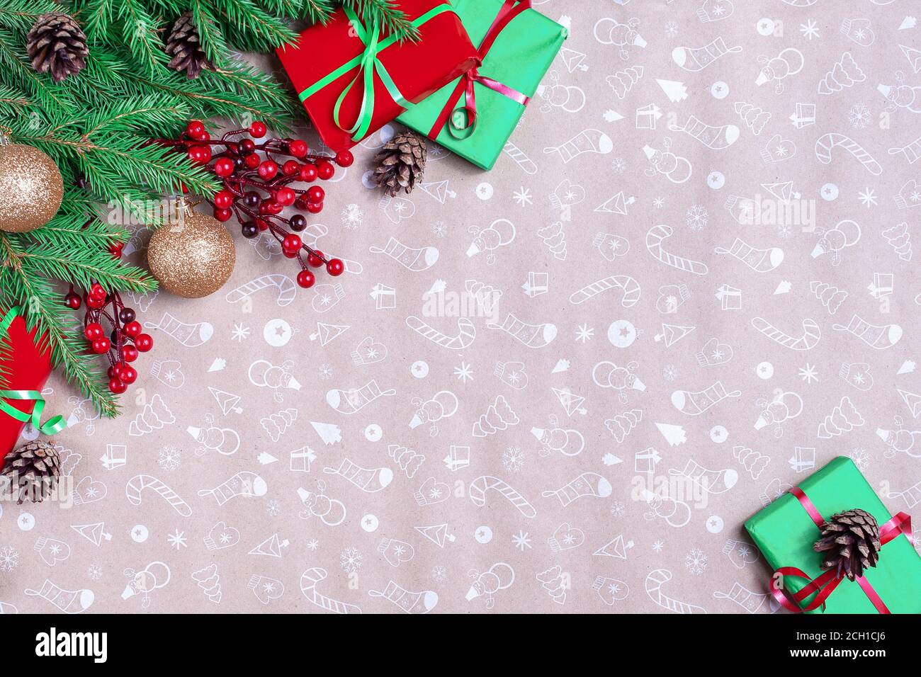Christmas corner composition. Frame made of fir tree branches, pine ...