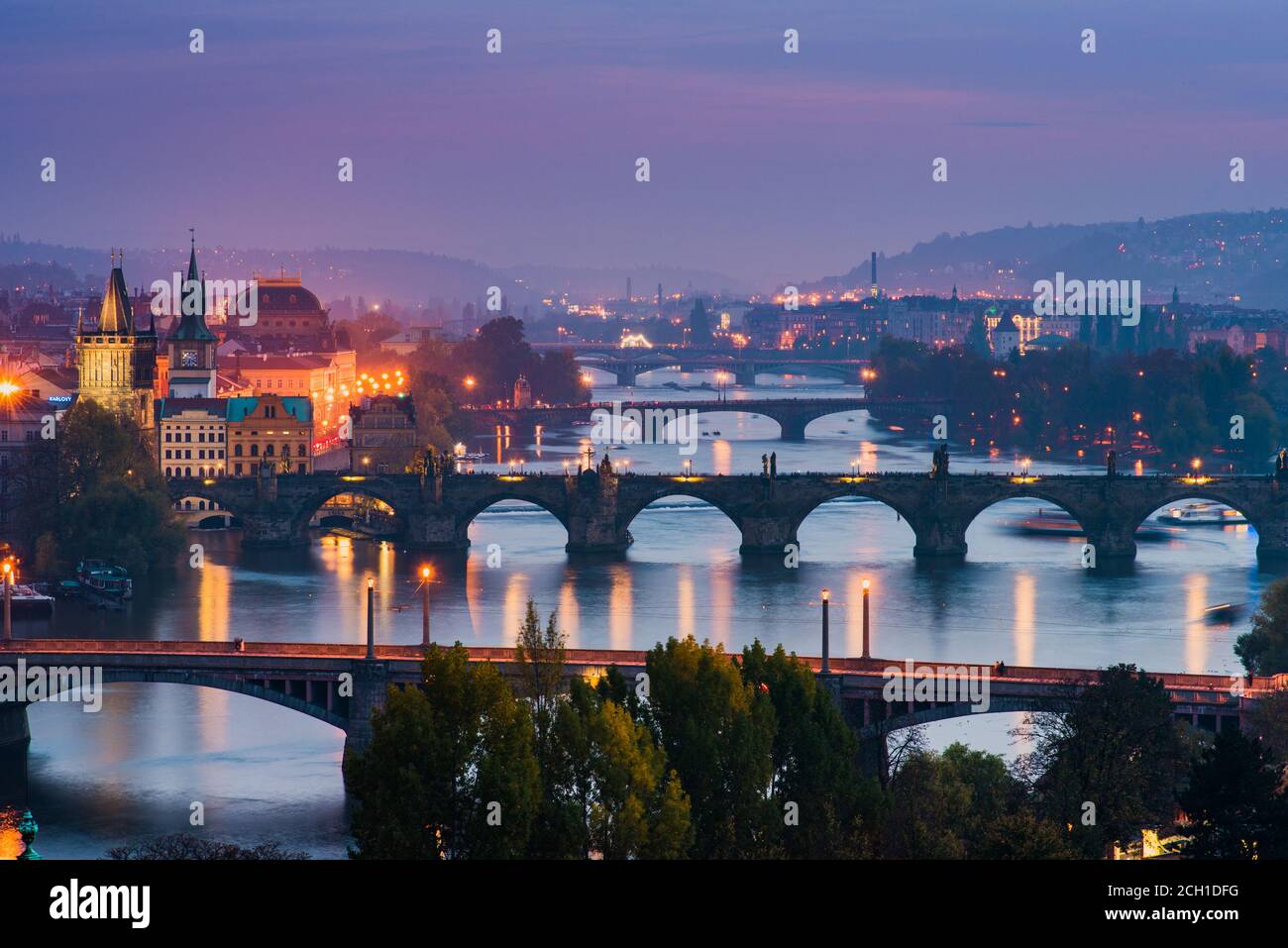 Beautiful Night View of the Bridges Crossing Vltava River in Prague, Czech Republic Stock Photo ...