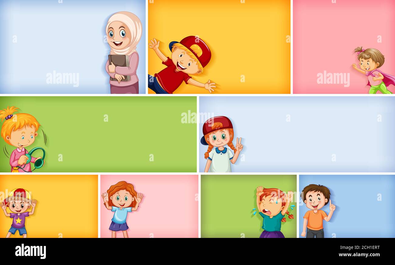 Set of different kid characters on different color background ...