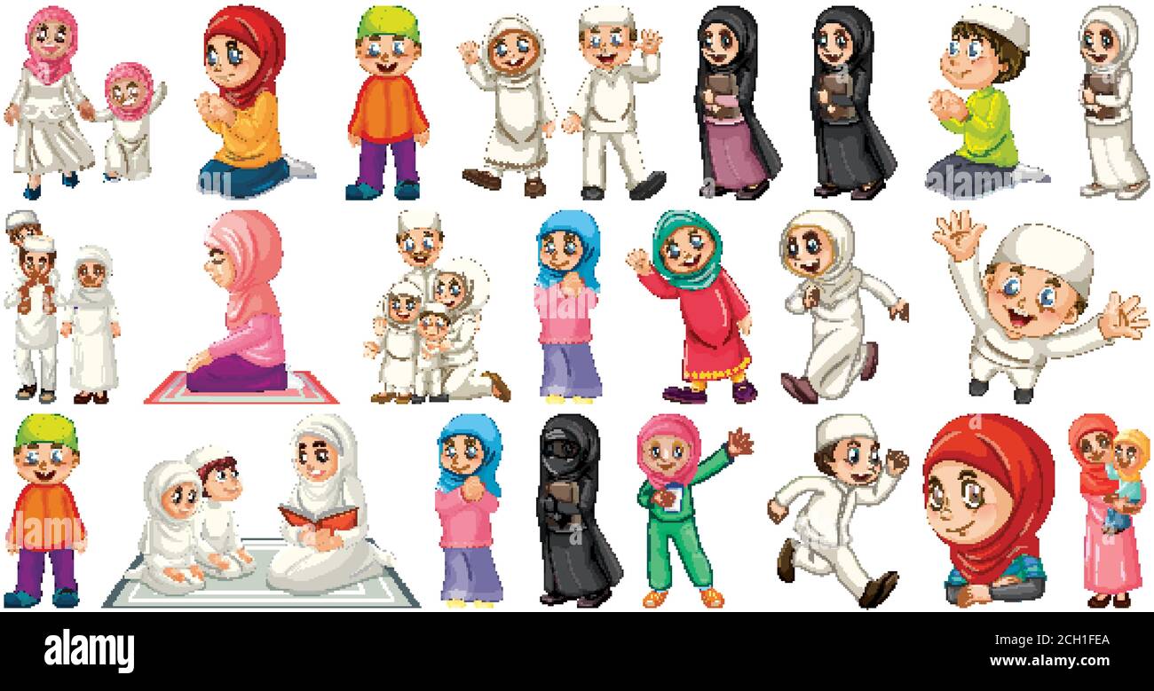 Set of different muslim people cartoon character isolated on white ...