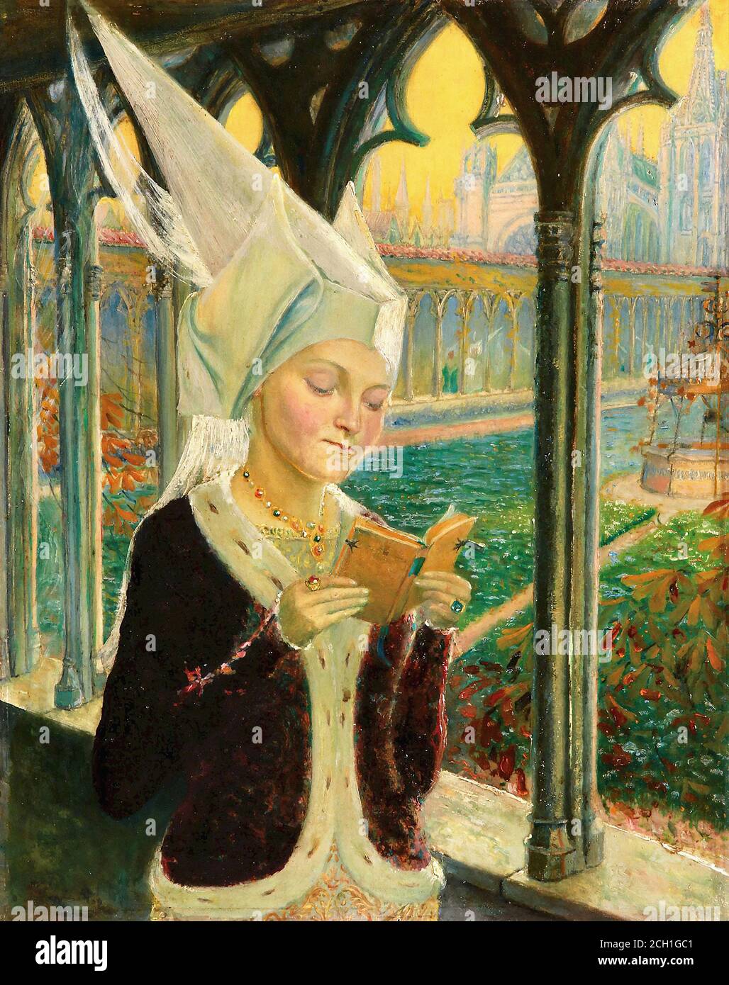 Maxence Edgard - a Young Woman Reading a Book of Hours in a Courtyard ...