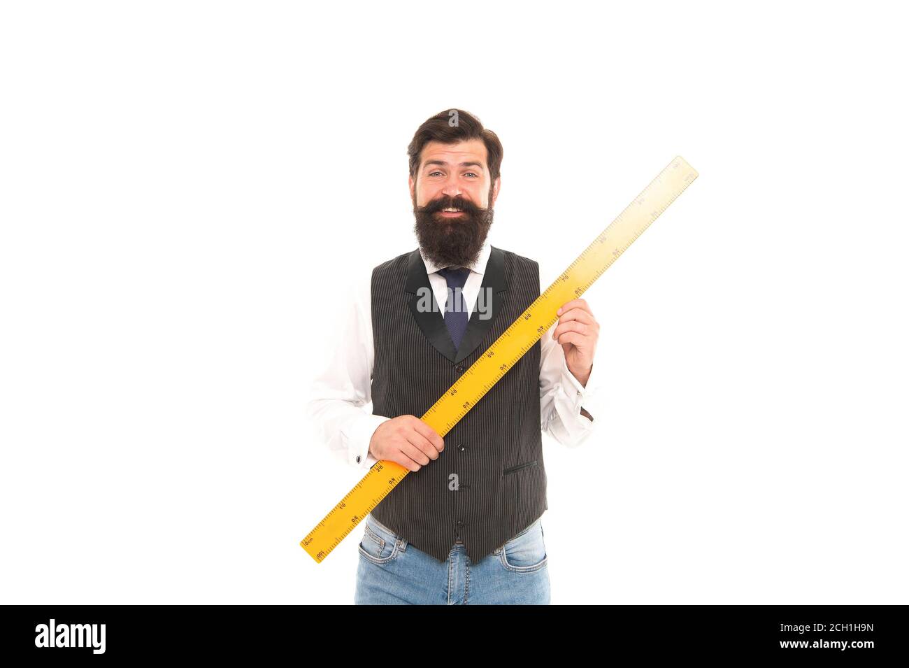 Happy school or university male teacher hold measuring tool for ...