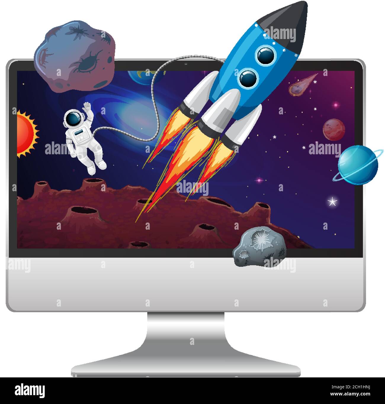 Space scene on computer desktop background illustration Stock Vector ...