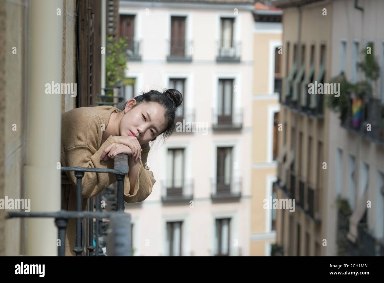 dramatic portrait of young beautiful sad and depressed Asian Japanese ...