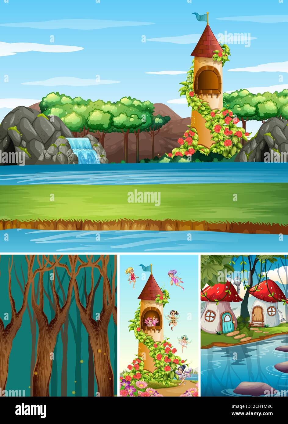 Four different scene of fantasy world with fantasy places such as ...