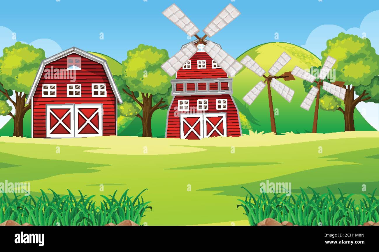 Farm scene in nature with barn and windmill illustration Stock Vector ...