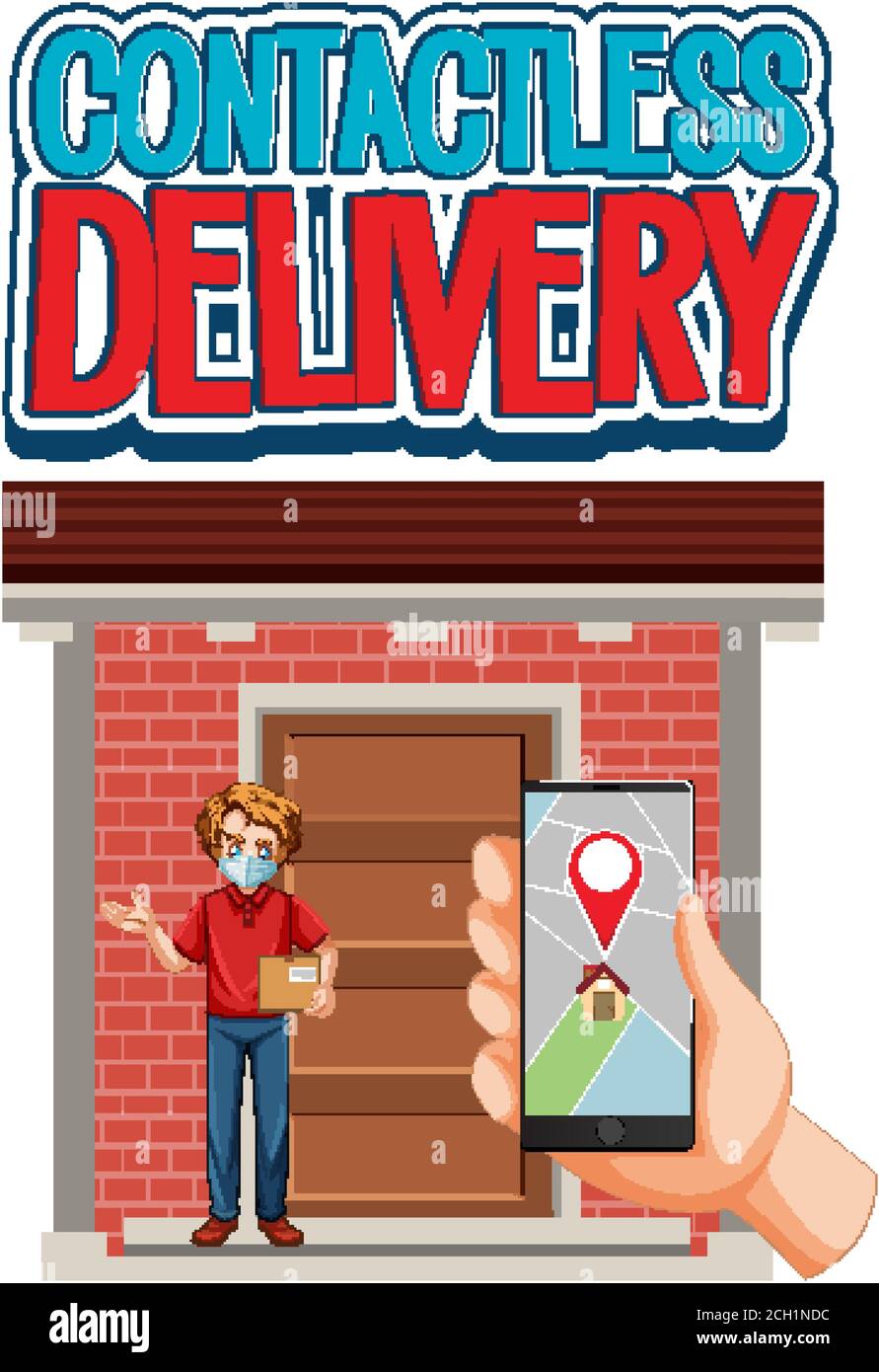 Contactless delivery logo with hand using smartphone and delivery man ...