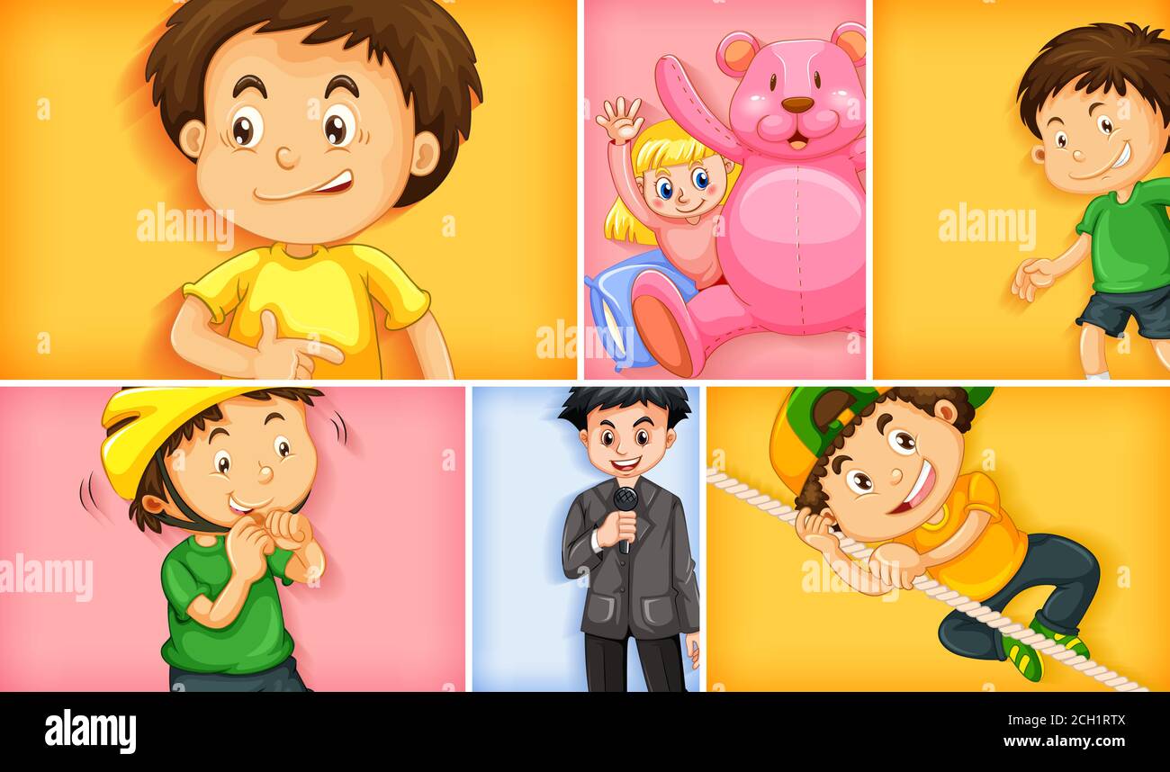 Set of different kid characters on different color background ...