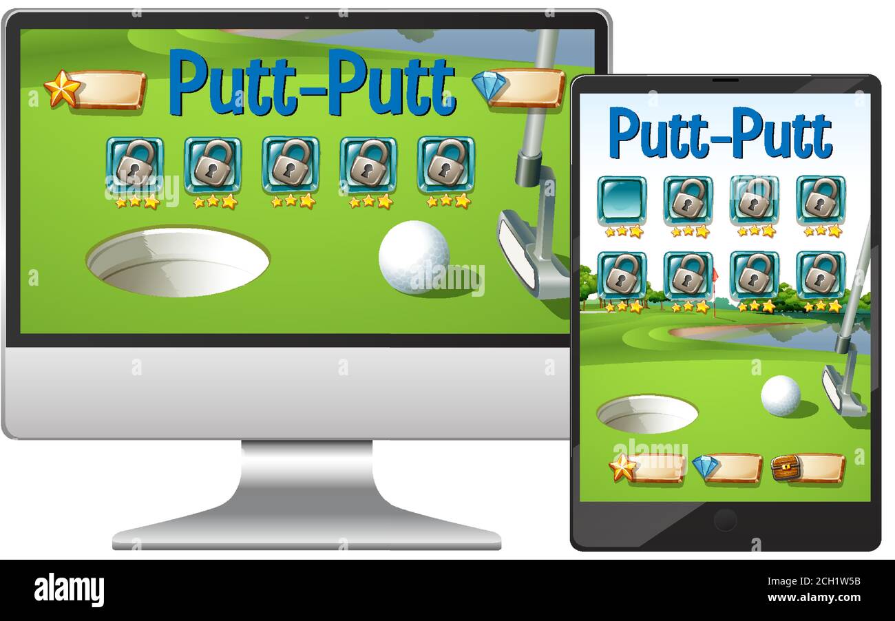 Golf or putt putt game on different electronics gadget screens ...