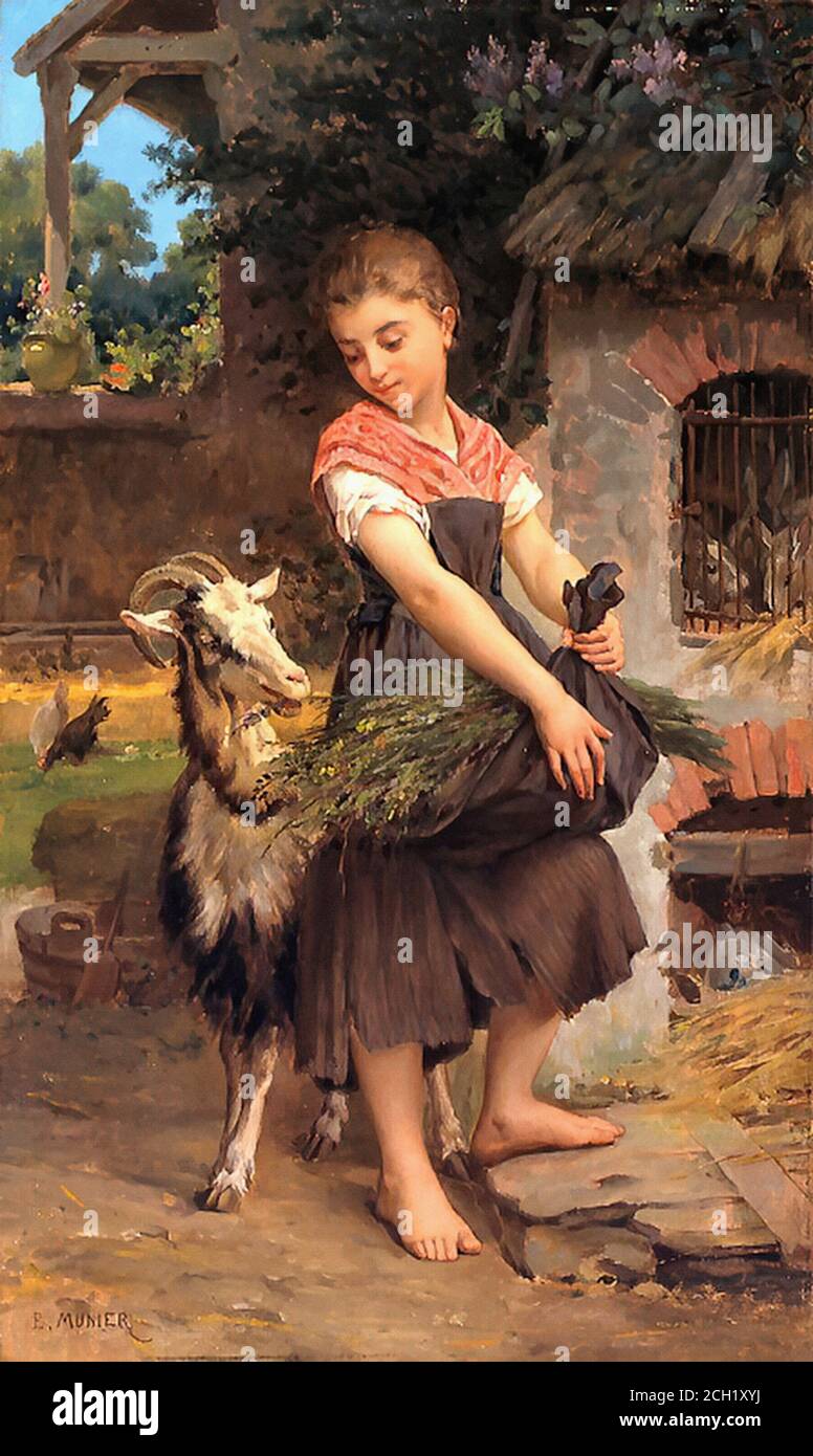 Munier Emile - Farm Girl with Her Pet Billy Goat - French School - 19th ...