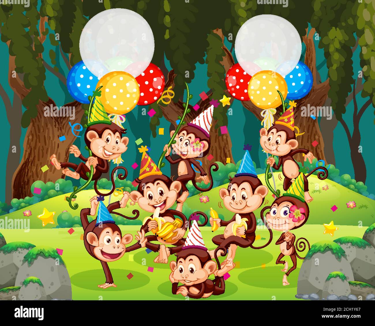 Monkey group in party theme cartoon character on forest background ...