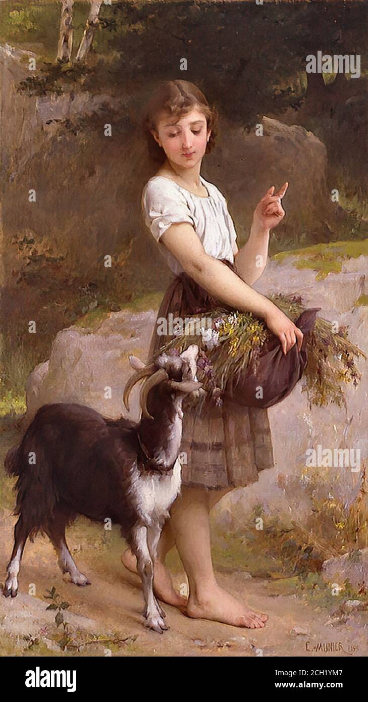 Munier Emile - Young Girl with Goat and Flowers - French School - 19th ...