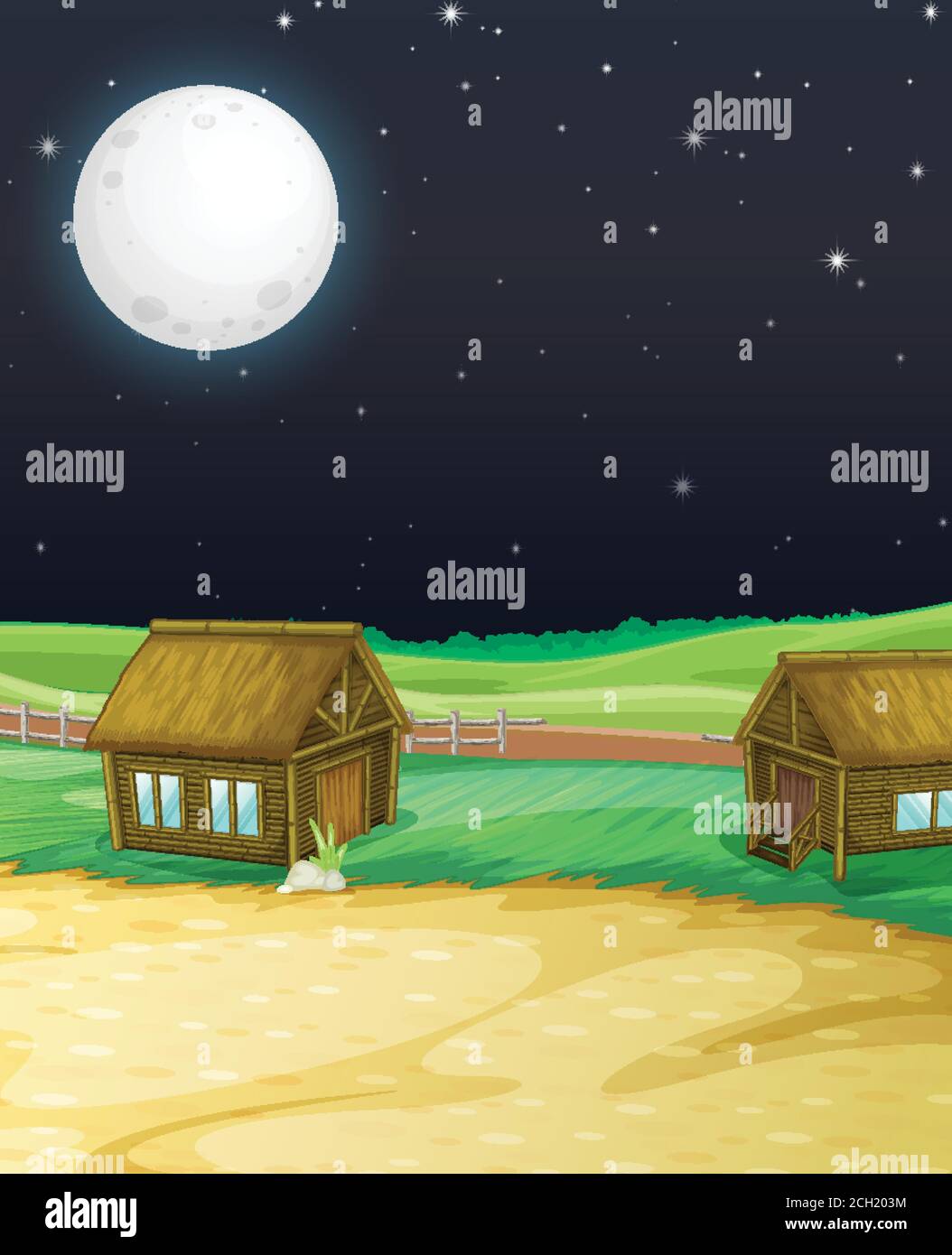 Farm scene with barn and mill at night illustration Stock Vector Image ...