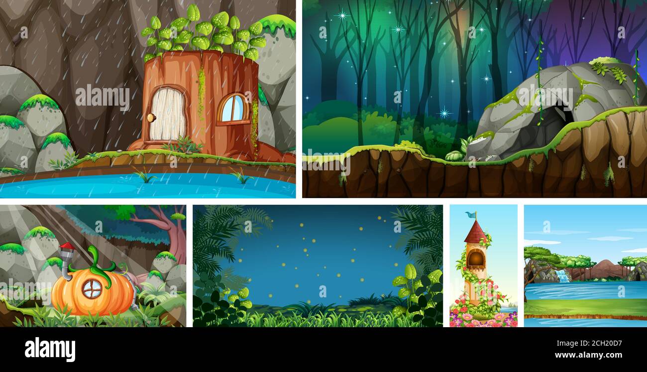 Six different nature scene of fantasy world with fantasy places ...