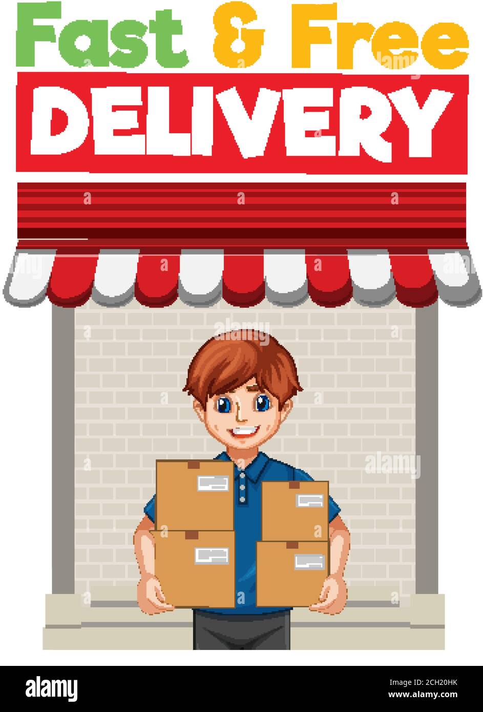 Fast and free logo with deliver or courier man in blue uniform cartoon ...