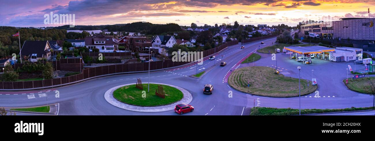 European Roundabout with Multi-colored Dynamic Sunset in Stavanger ...