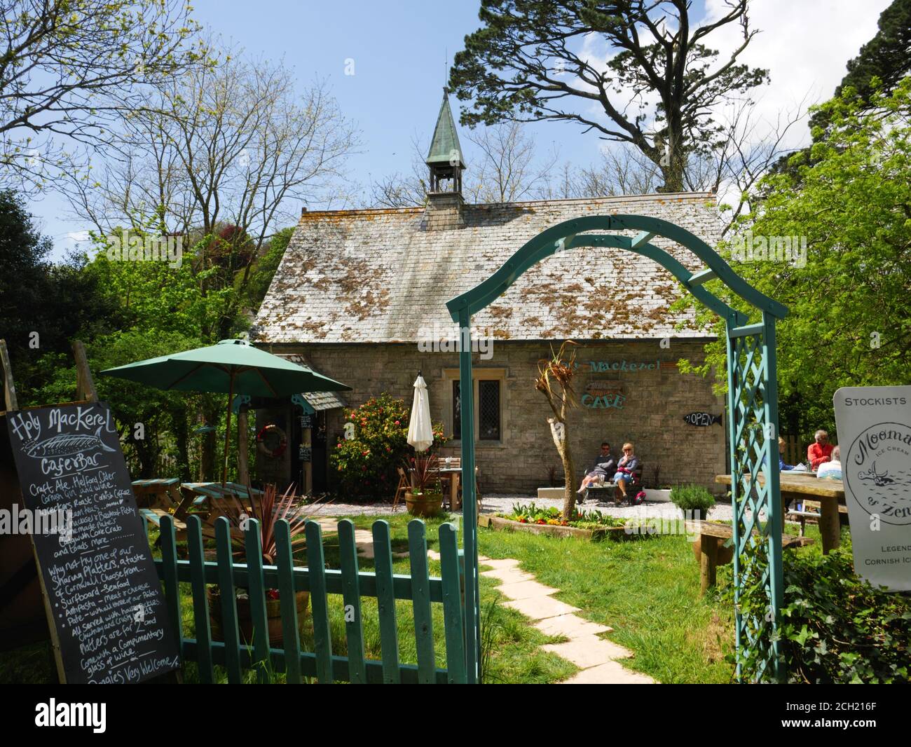 Holy Mackerel Cafe, a disused church, Helford village, Cornwall Stock ...