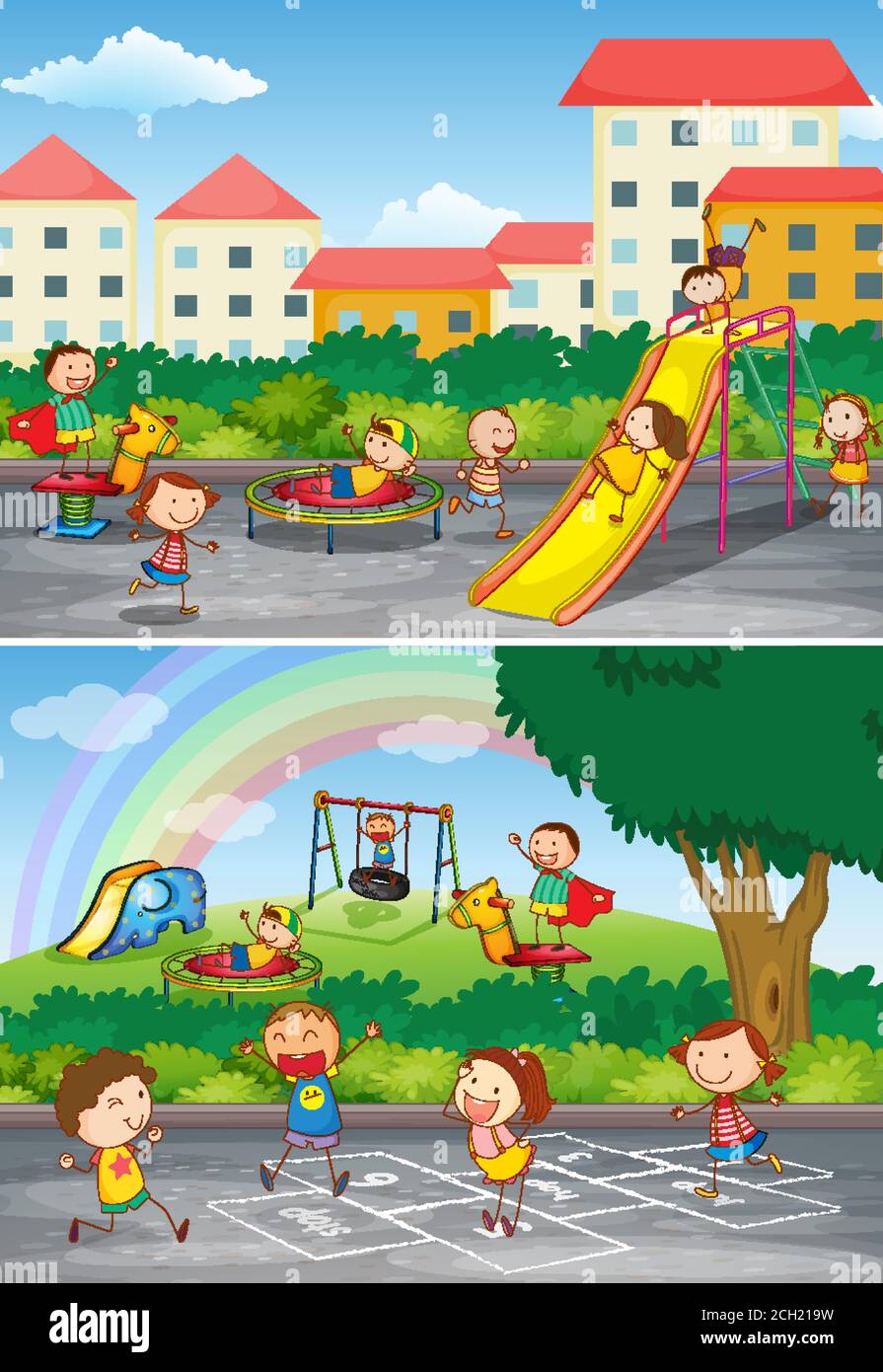 Set of children playing at playground scenes illustration Stock Vector ...