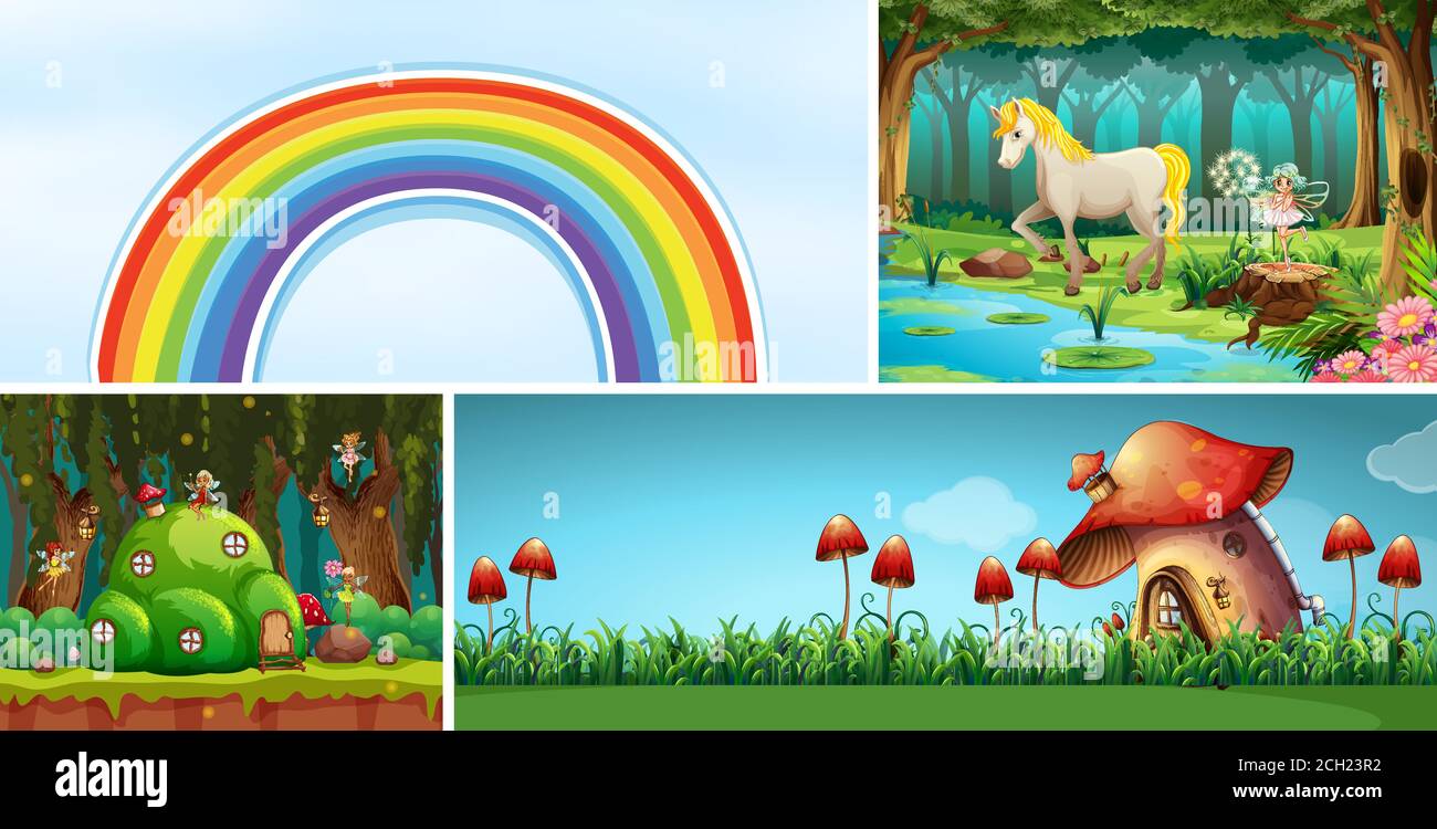 Four different scene of fantasy world with beautiful fairies in the ...