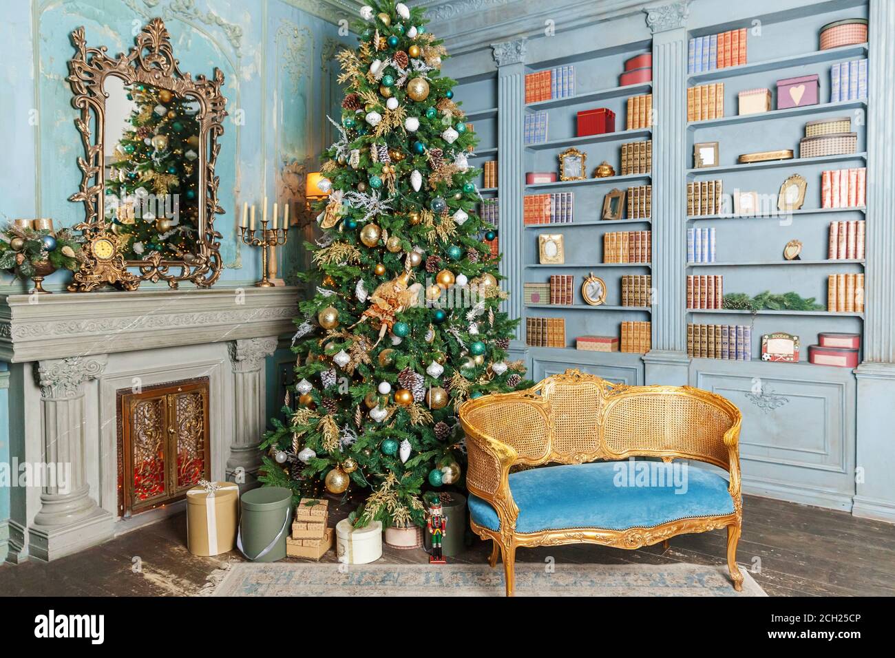 Classic Christmas New Year decorated interior room home library with ...