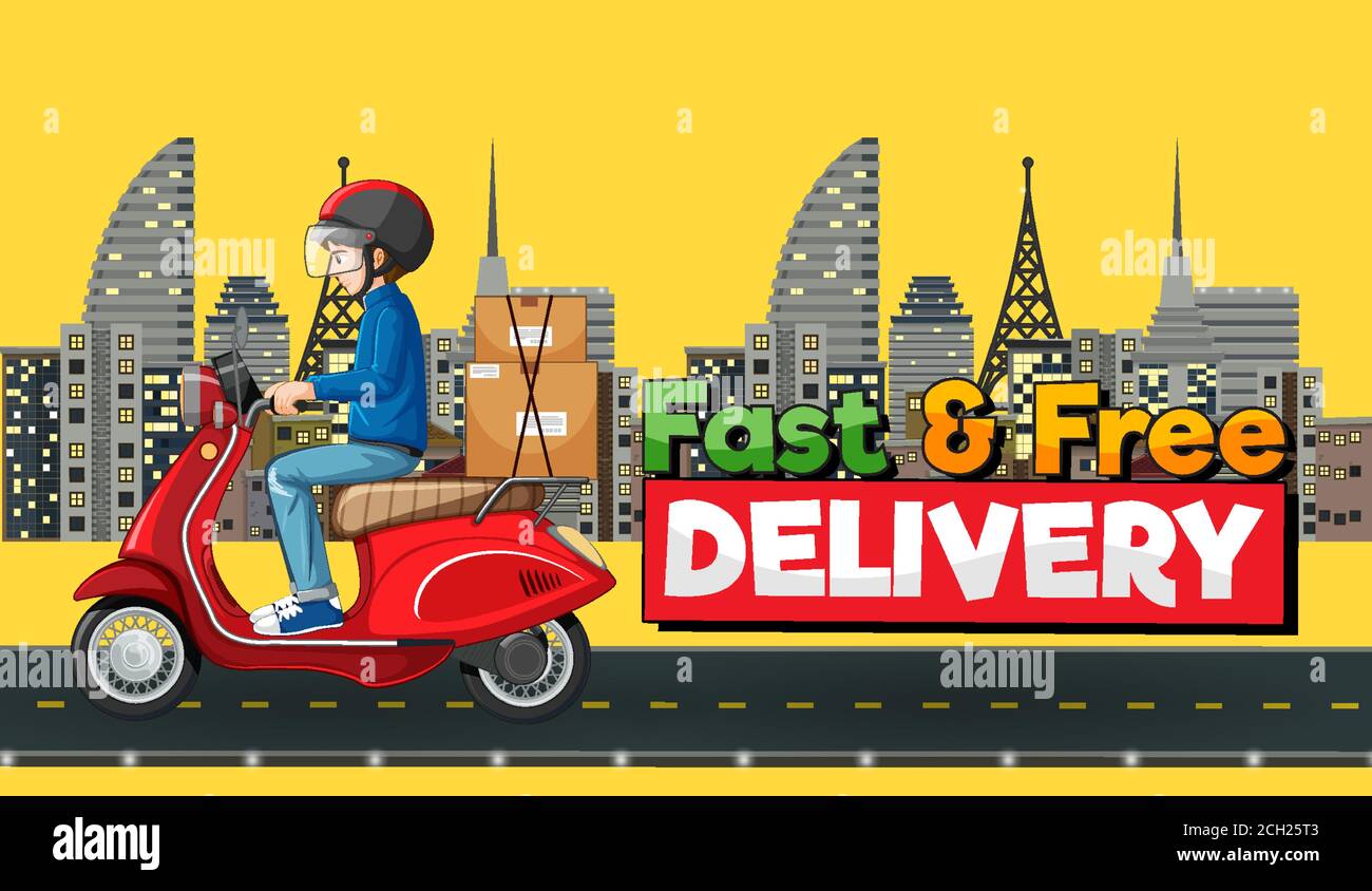 Fast and free delivery logo with bike man or courier illustration Stock ...