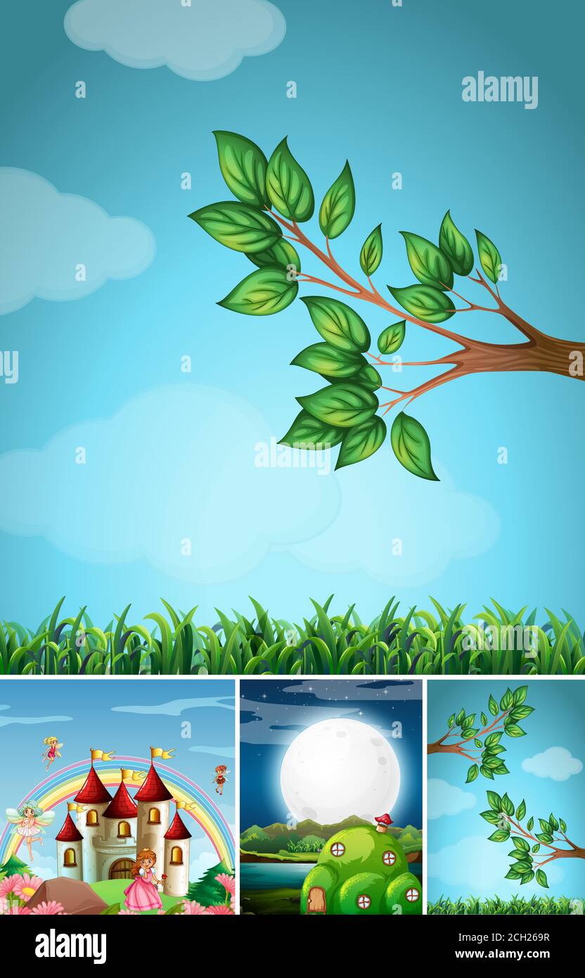 Four different scene of fantasy world with fantasy places and fantasy ...