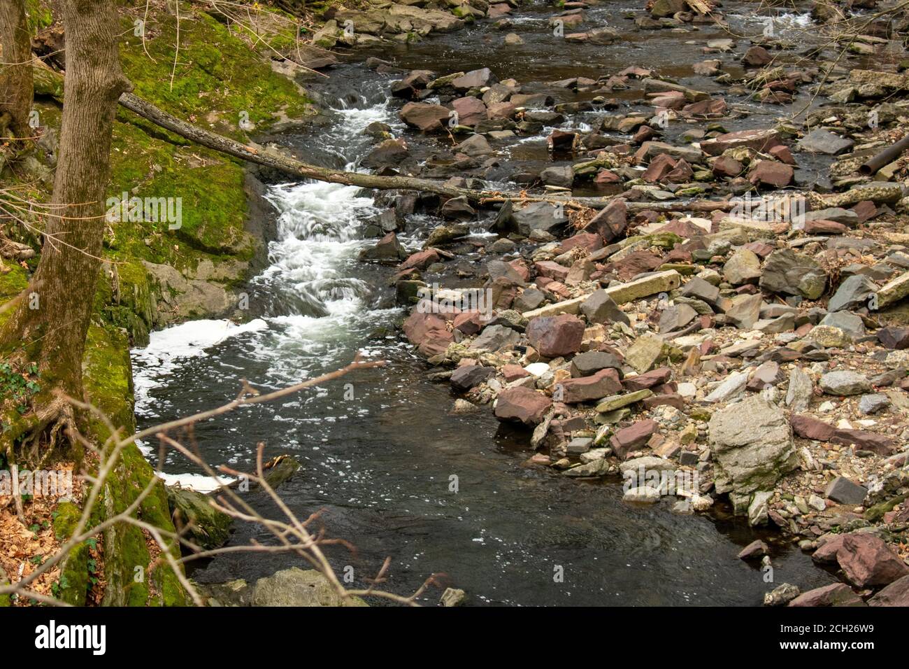 A Fast Flowing Stream With Rapids and Rocks and Moss on Each Side Stock ...