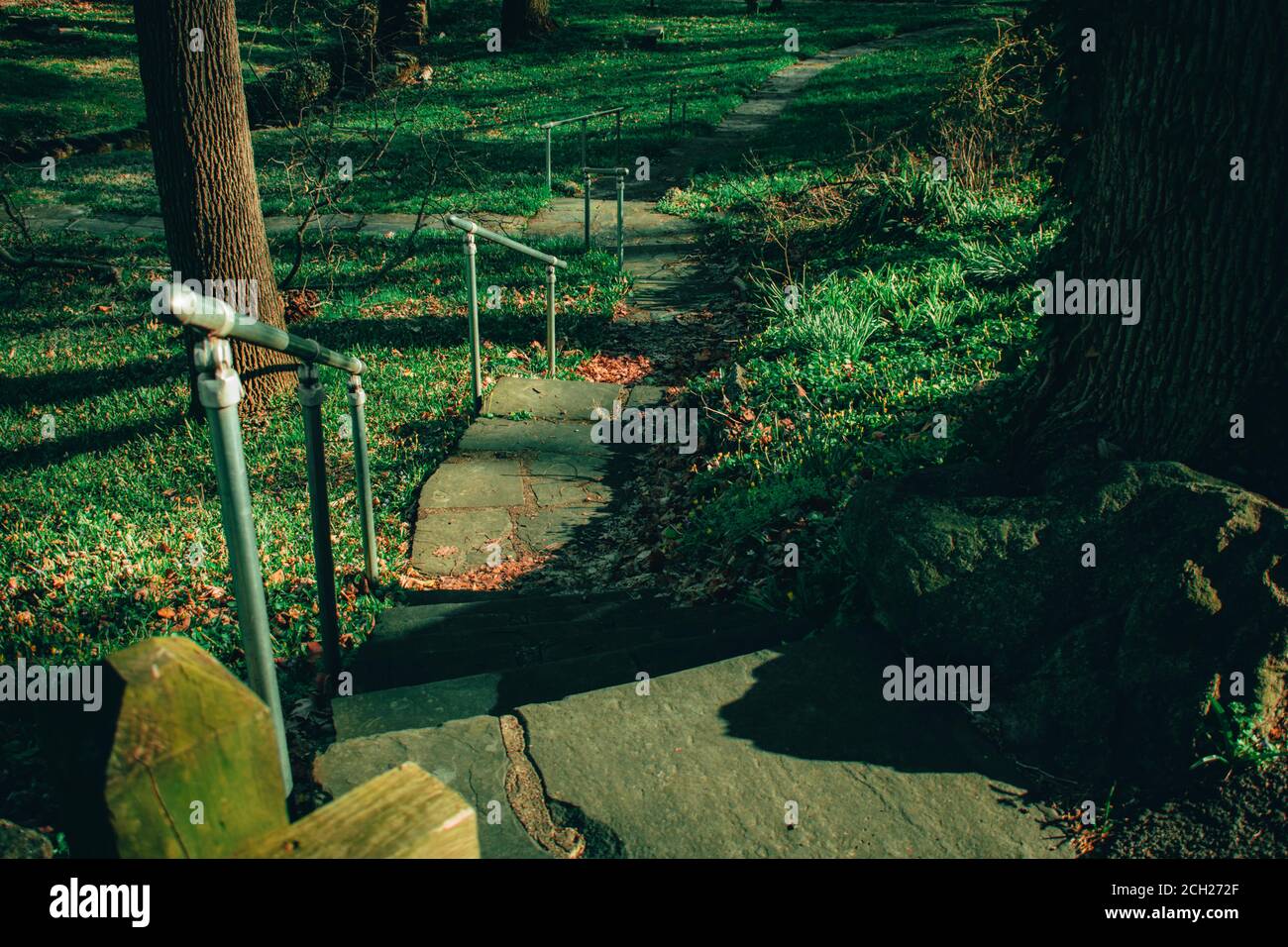 An Ornate Stone Walkway With Metal Railings at the Elkins Estate Stock ...