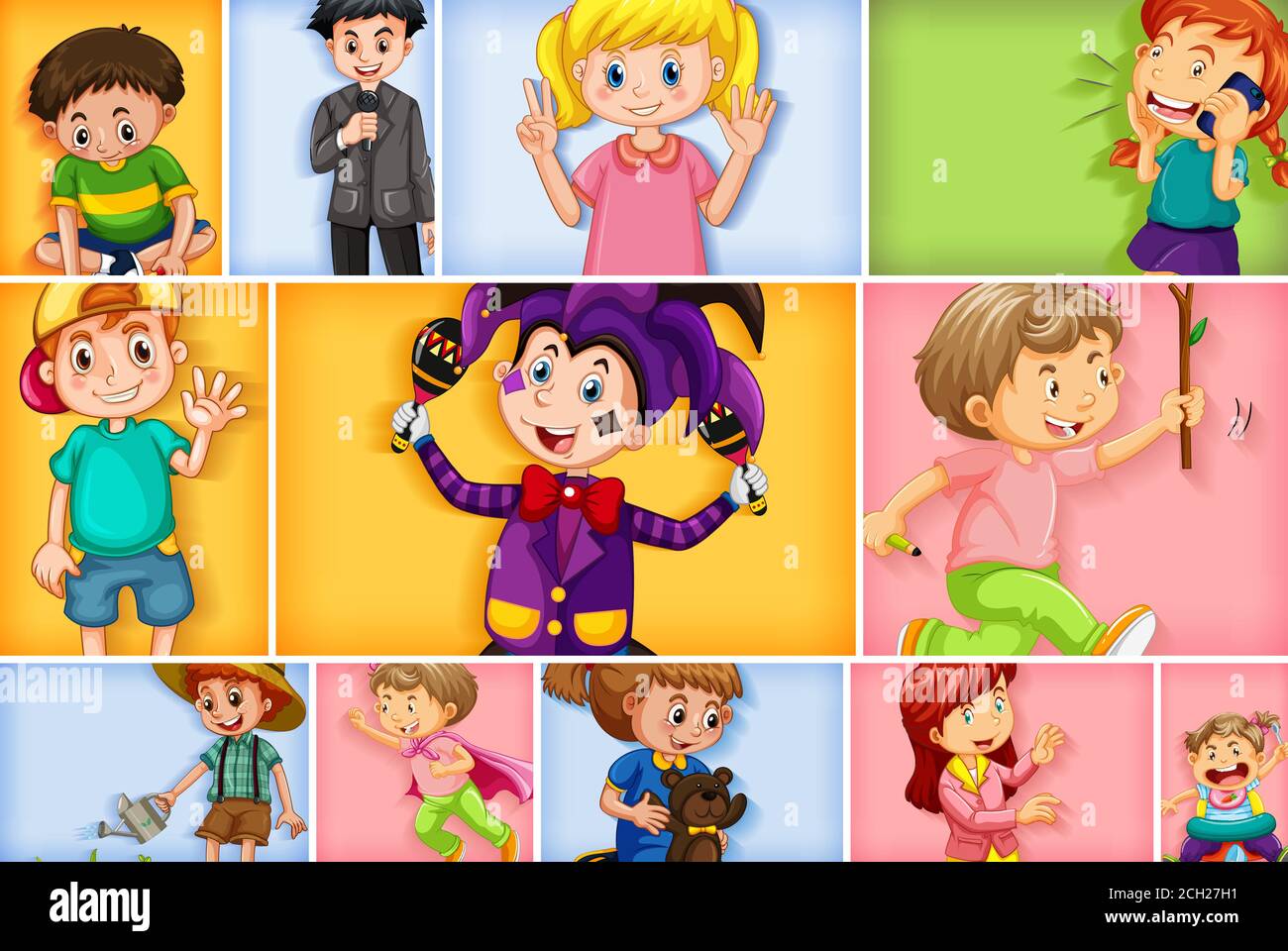 Set of different kid characters on different color background ...