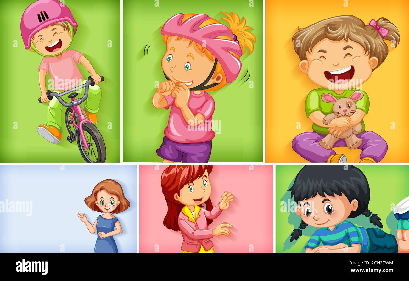 Set of different kid characters on different color background ...