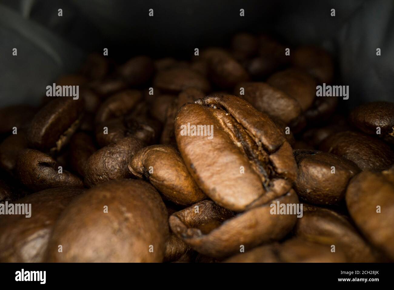 Coffee beans in a coffee pack. Macro shot of coffee beans inside a bag ...