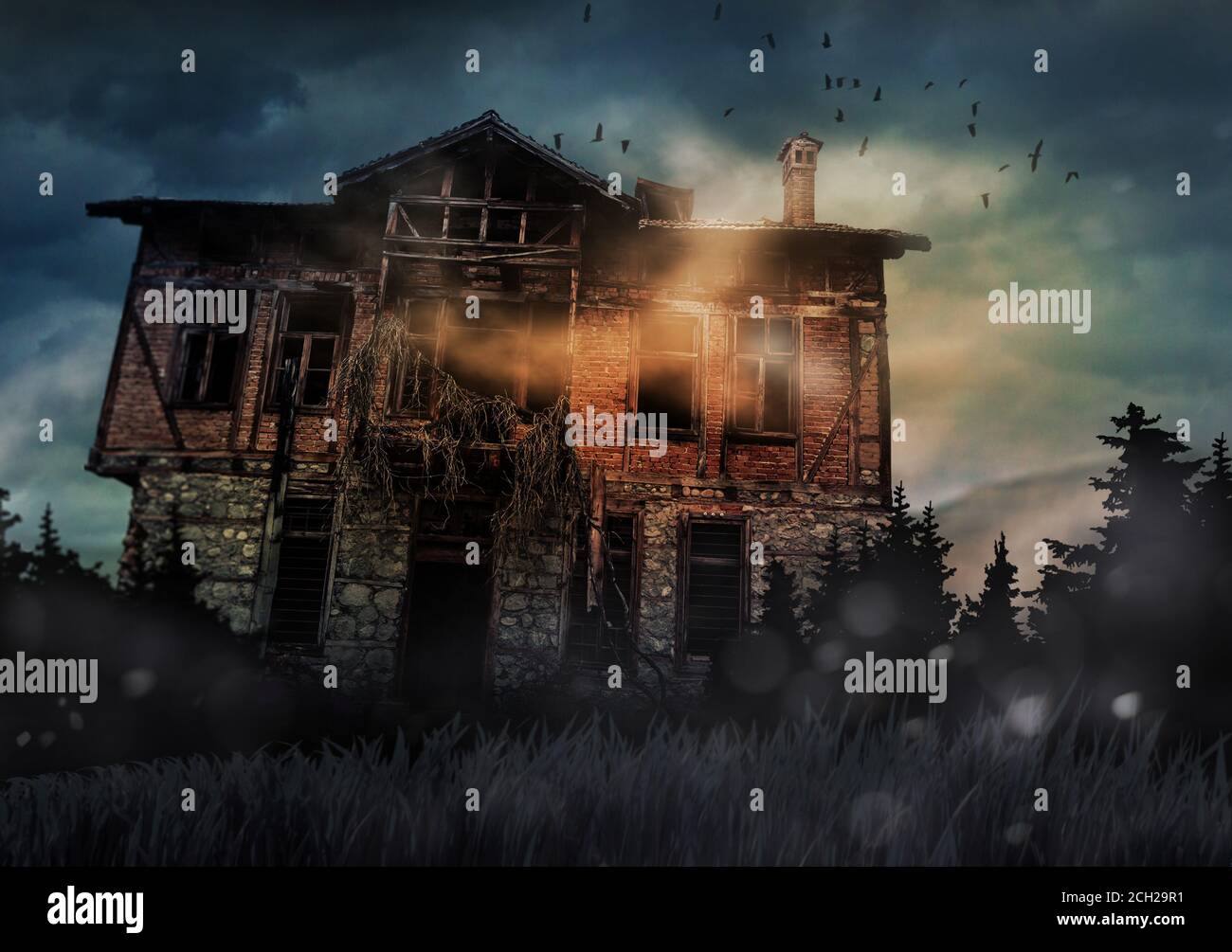 halloween creepy haunted old house in forest, scary landscape Stock ...