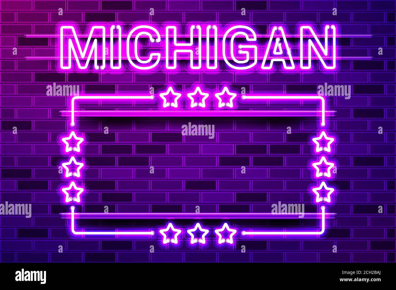 Michigan US State glowing purple neon lettering and a rectangular frame ...