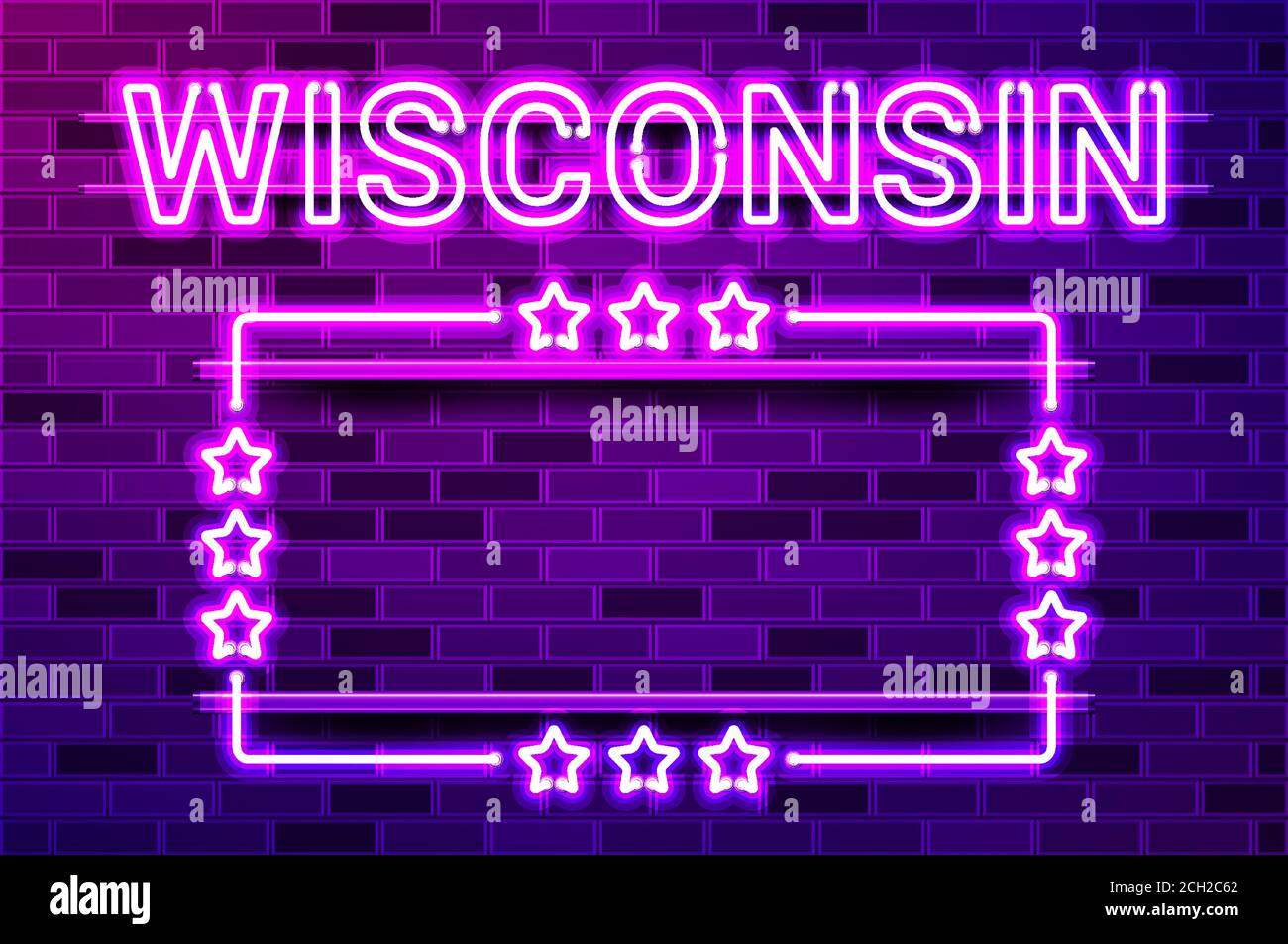 Wisconsin US State glowing purple neon lettering and a rectangular ...