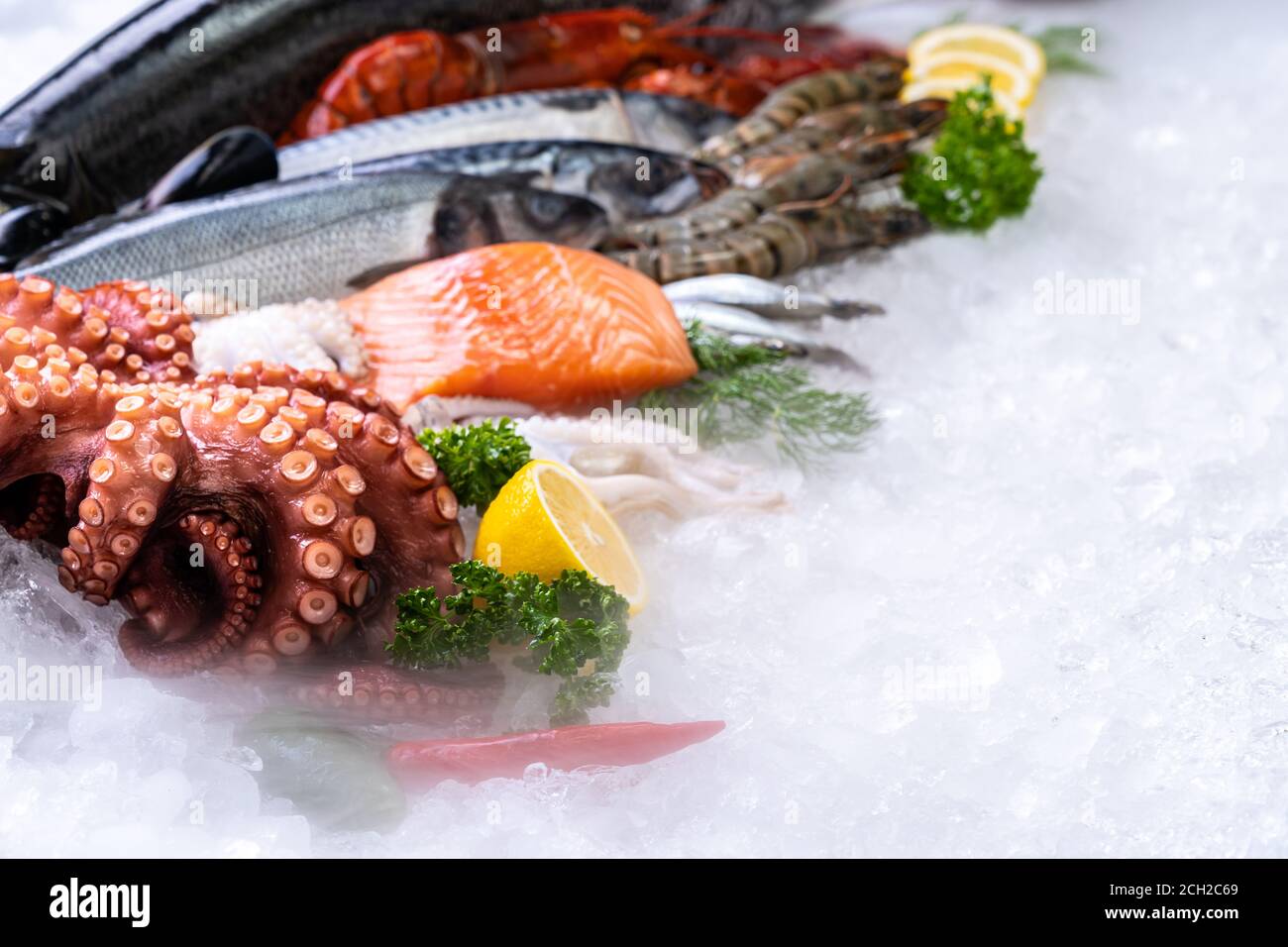 Side view of variety of fresh luxury seafood, Lobster salmon mackerel ...