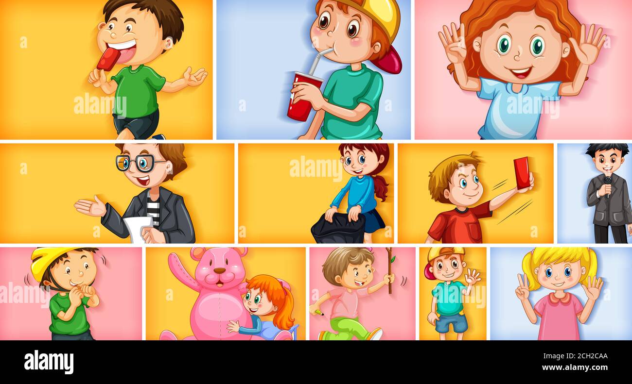 Set of different kid characters on different color background ...