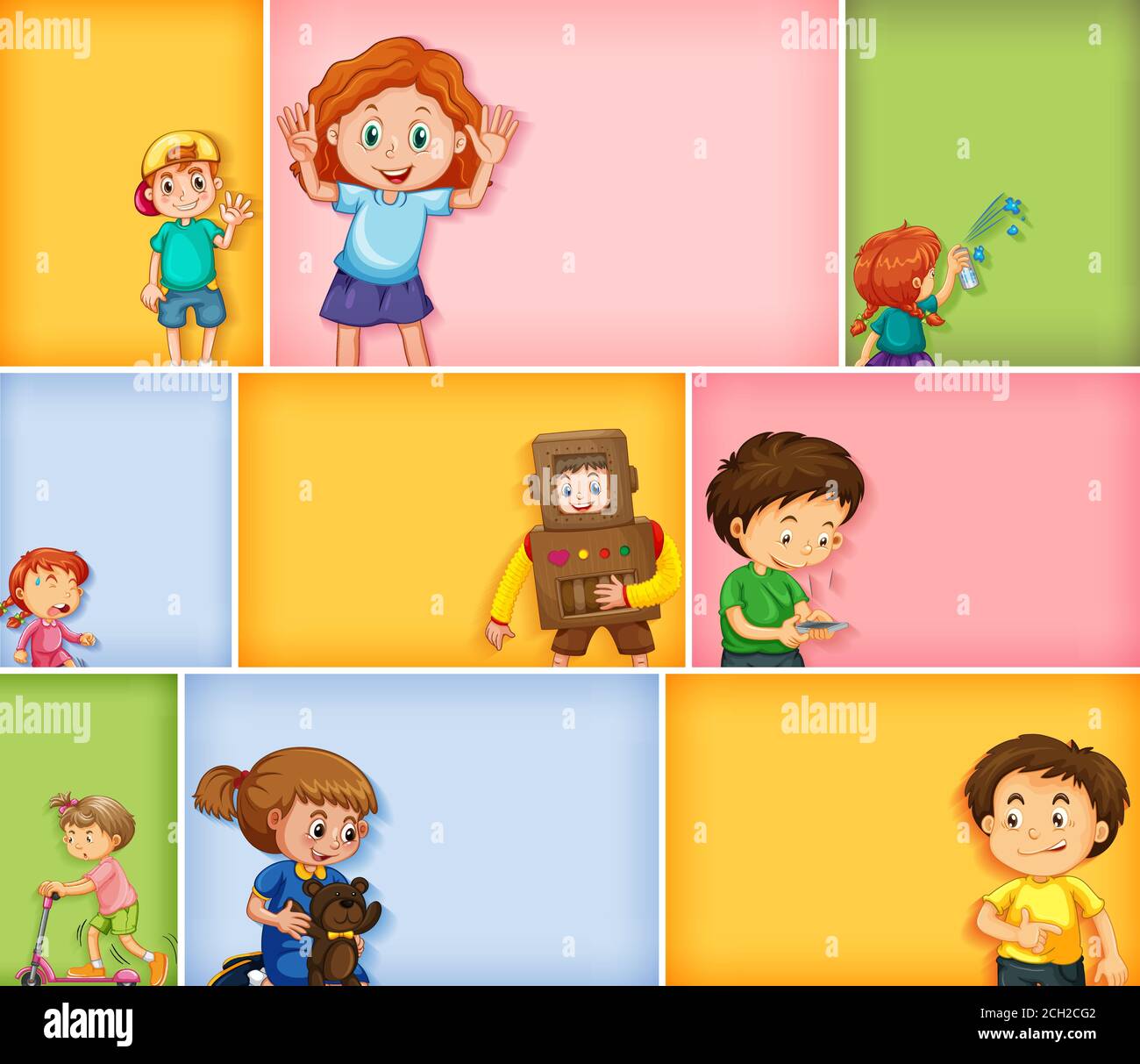 Set of different kid characters on different color background ...