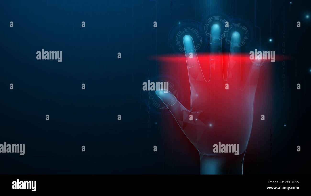 Hand print security through human fingerprints. Safety cyber security technology concept ...