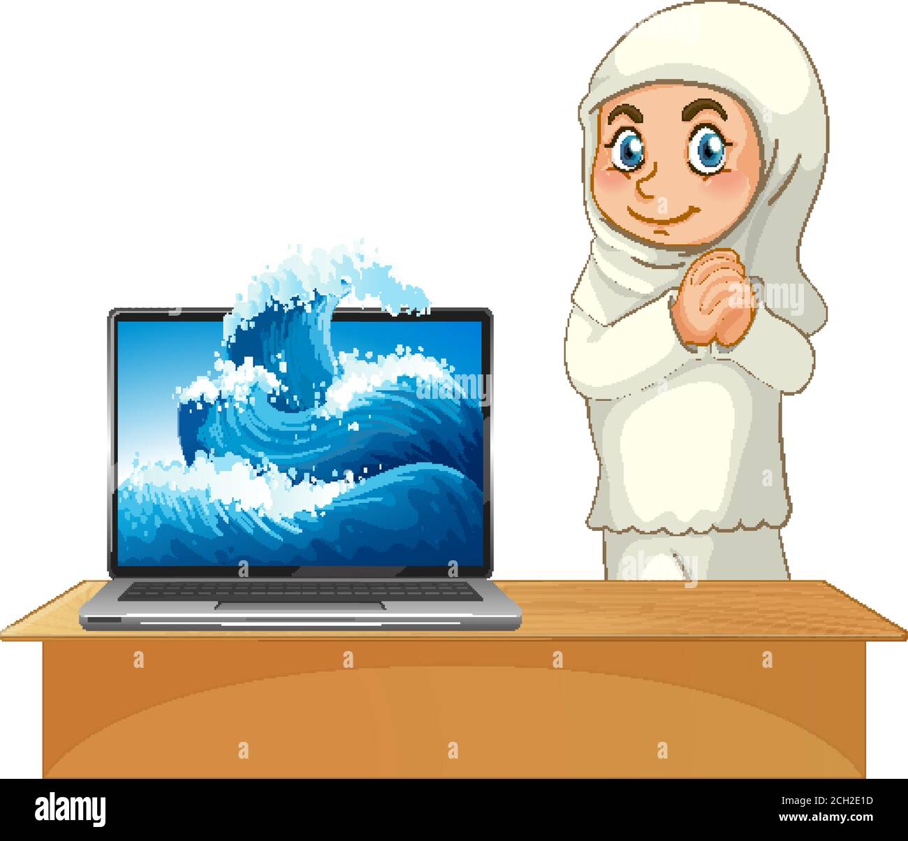 Muslim girl next to computer on white background illustration Stock ...