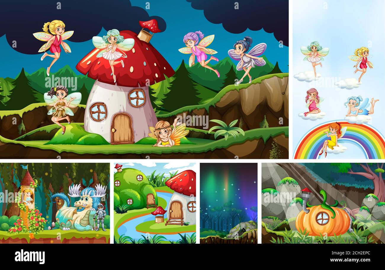 Six different scene of fantasy world with beautiful fairies in the ...