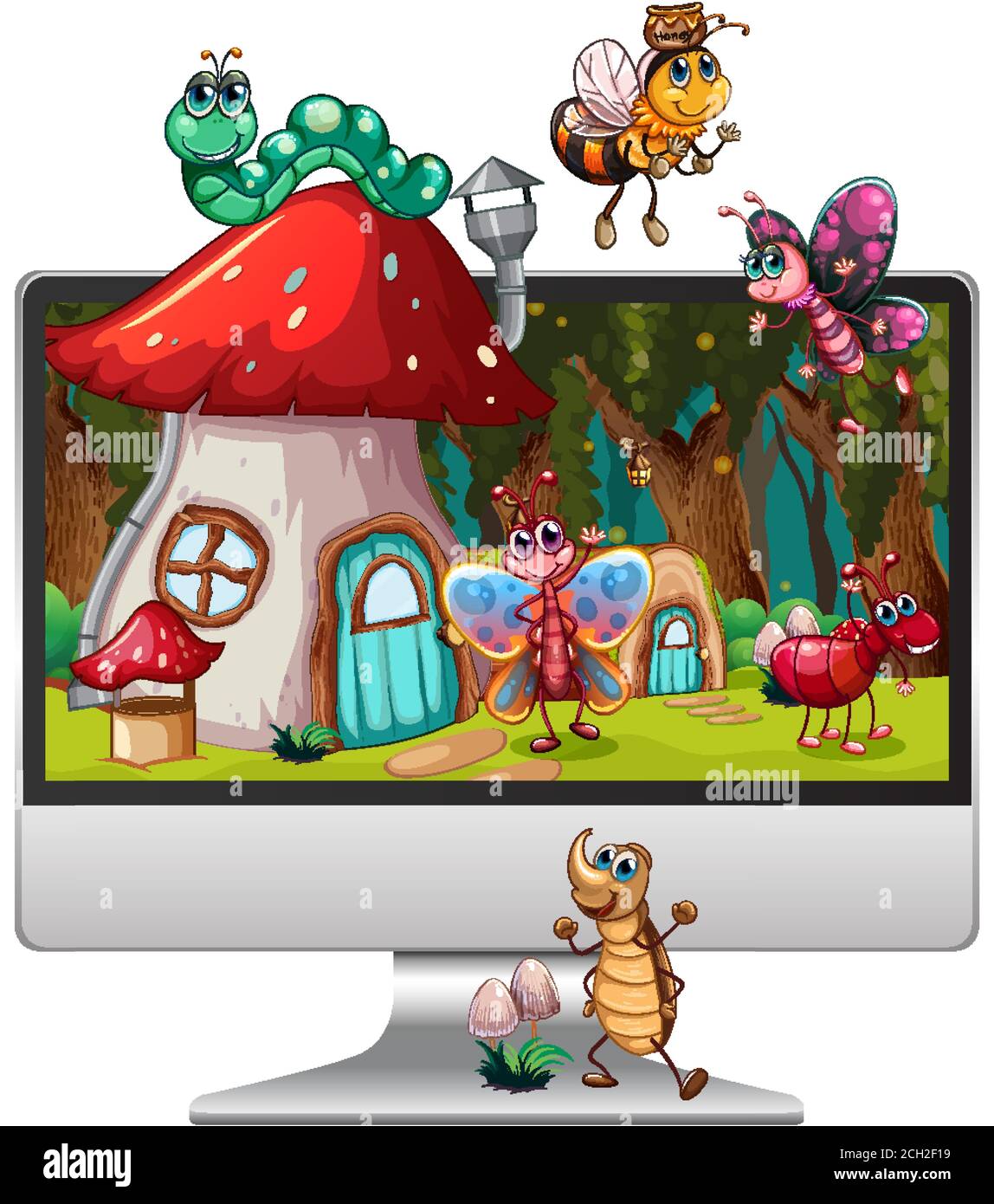 Insect magical land on computer screen desktop illustration Stock ...